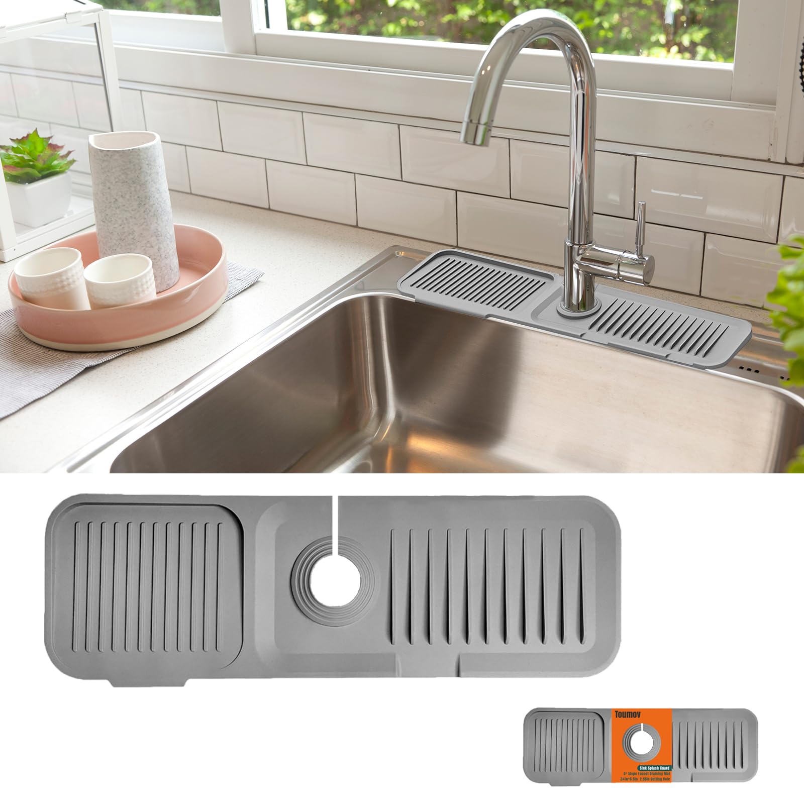Silicone Kitchen Sink Splash Guard Faucet Mat (17.7" x 5.5"), 5° Slope Faucet Draining Mat, Faucet Handle Drip Catcher Tray Sink Drain Faucet Pad Behind Faucet for Kitchen & Bathroom Countertop