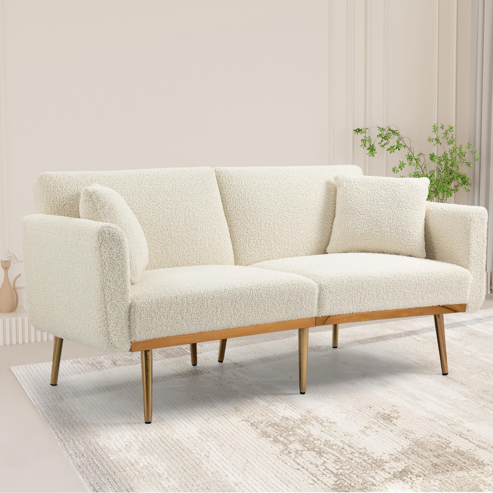 SZLIZCCC Accent Sofa, Mid Century Modern Teddy Velvet Fabric Couch, Convertible Futon Sofa Bed ,Recliner Couch Accent Sofa Loveseat Sofa with Gold Metal Feet (White Teddy)