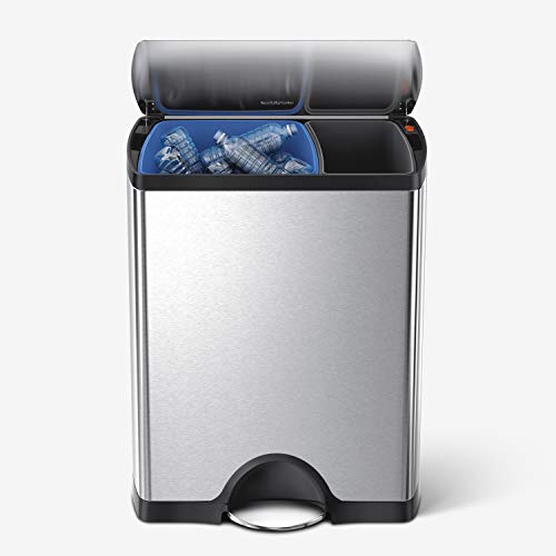 simplehuman Rectangular Dual Compartment Recycling Kitchen Step Trash Can, 46 Liter, Brushed Stainless Steel & Code V Custom Fit Drawstring Trash Bags, 16-18 Liter / 4.2-4.8 Gallon, White, 60 Count