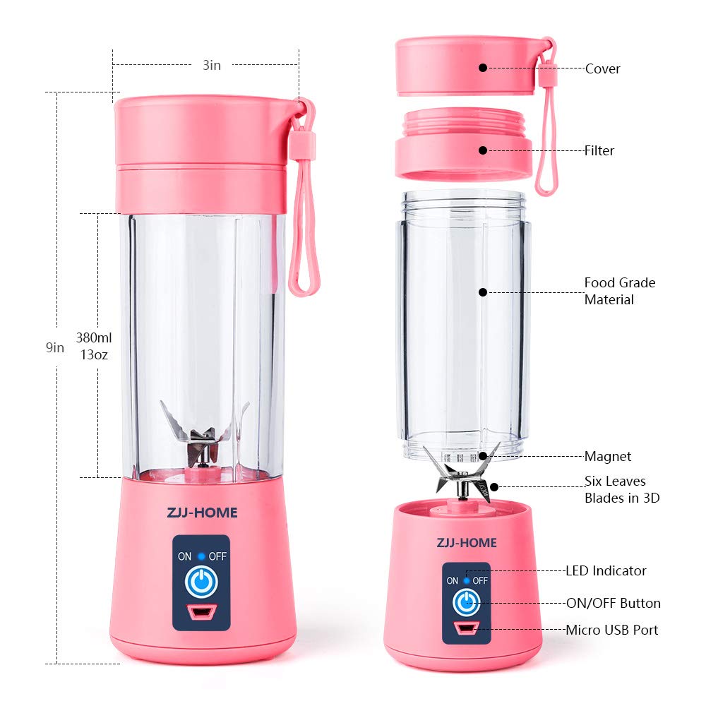 Portable Blender,Zjj-Home Smoothie Blender-Six Blades in 3D, Mini Travel Personal Blender with USB Rechargeable Batteries,Detachable Cup ,USB Juicer Cup 380ml (FDA BPA free) (pink)