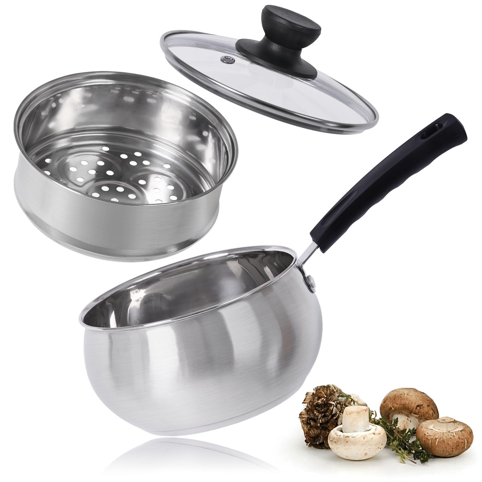 Stainless Steel Saucepan, 1.5 QT Sauce Pan with Steamer & Glass Lid for Cooking, 2-Tier Multipurpose Small Sauce pot Steam Pot for Vegetables, Seafood, Soups, Stews, Pasta, Induction Safe