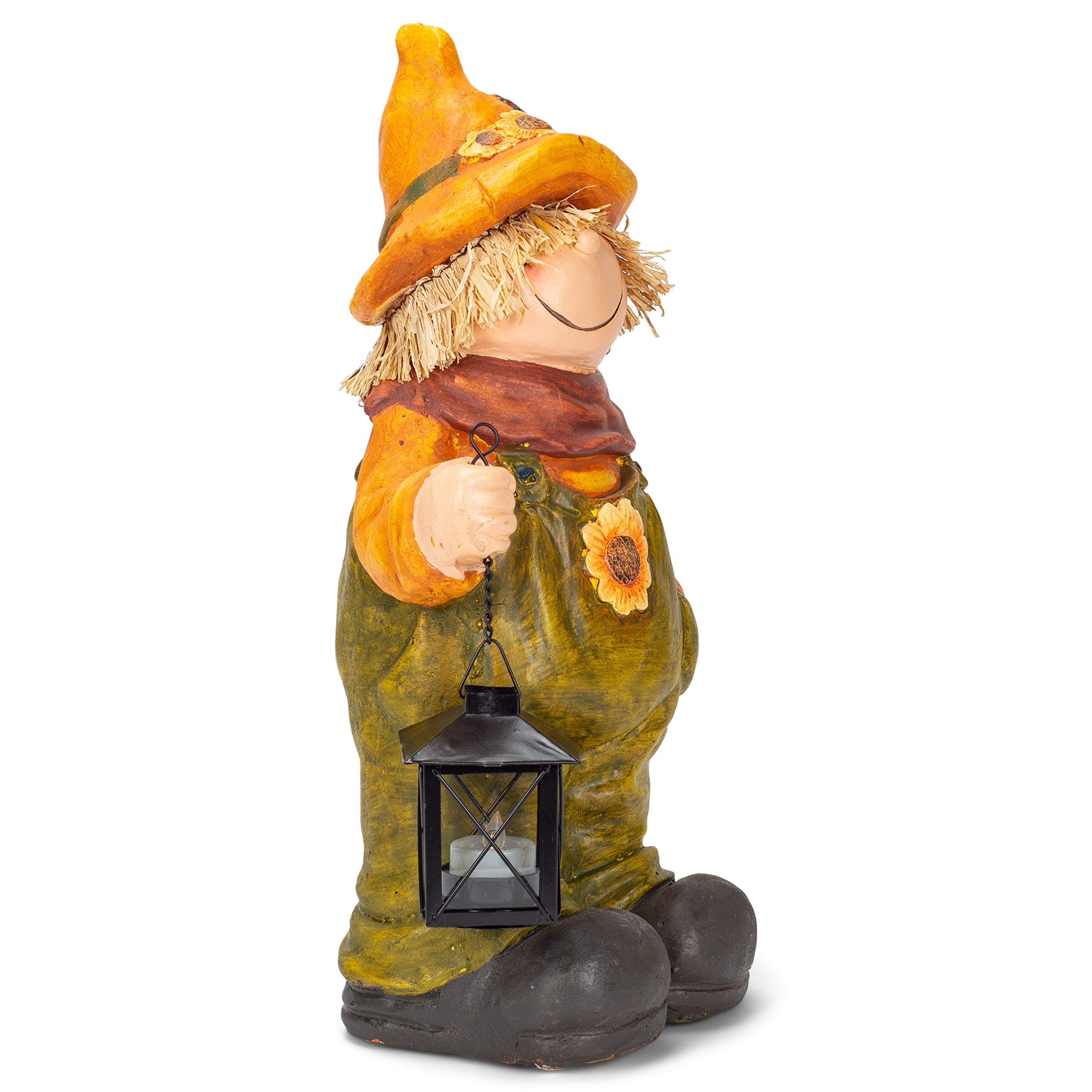 Mark Feldstein & Associates Scarecrow Holding Lantern Natural Brown 17 inch Resin Stone Harvest Door Greeter Figurine