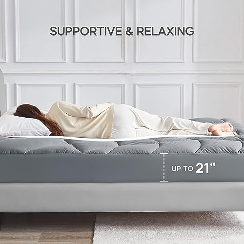 Sonive Queen Quilted Mattress Pad Extra Thick Soft Mattress Cover Ultra Fluffy Down Alternative Fill Streches up to 21 Inches Deep Pocket, Grey