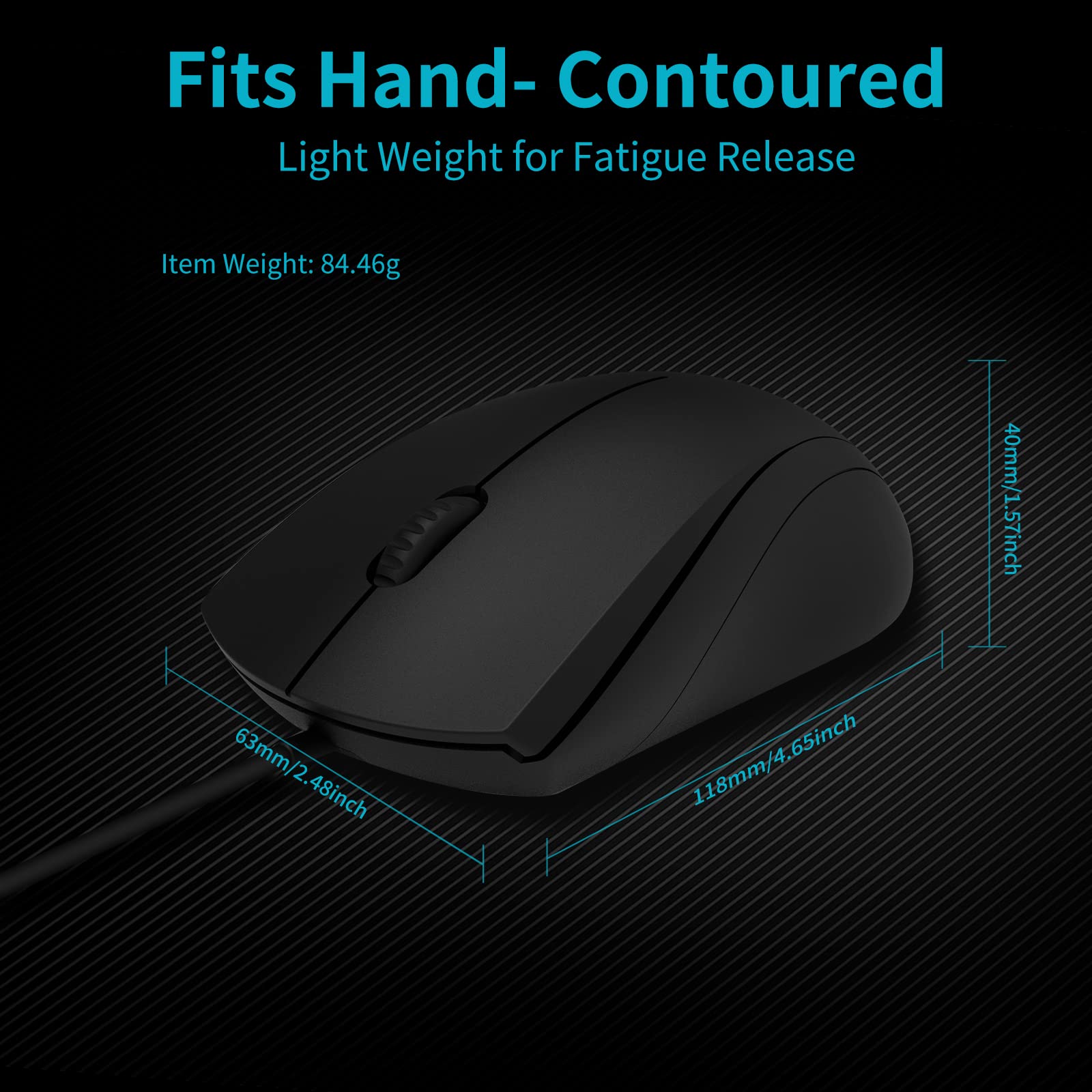 Rapoo Silent Wired Mouse, 1000 DPI 5ft Cord Quiet Button Optical Computer Mouse, Left Right Hand Use, for Laptop Chromebook Mac Notebook, Matte Black