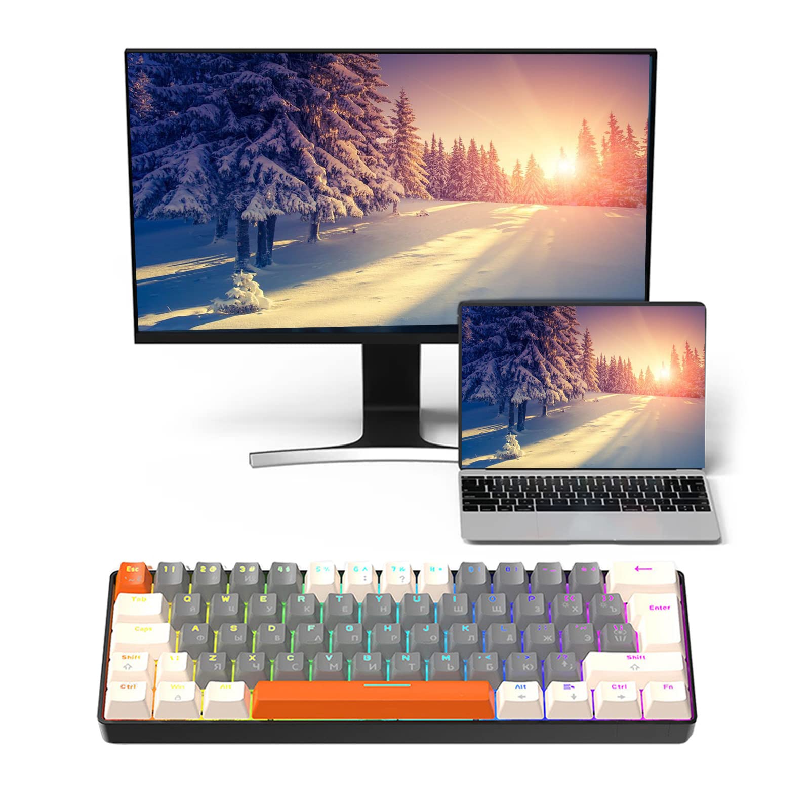 Russian Wired Mechanical Gaming with Rainbow Backlit 62Key NKRO Ergonomics Keyboards for PC/Win Gamer red Blue Switch
