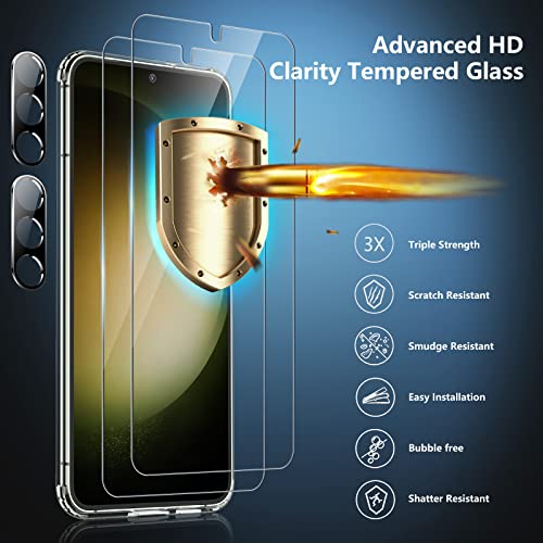 SPIDERCASE for Galaxy S23 Case, [10 FT Military Grade Drop Protection] [Crystal Clear], 2 Pack [Tempered Glass Screen Protector+Camera Lens Protector] [Not Yellowing] Slim Case, Clear
