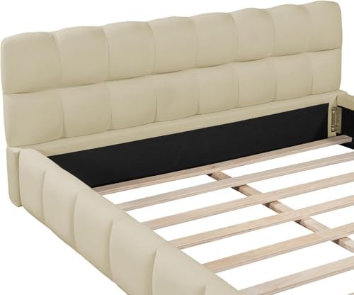 UOCFYK Upholstered Full Platform Bed with Headboards, Solid Wooden Bedframe with Wood Slat Support for Boys, Girls, Adult, No Box Spring Needed, Beige