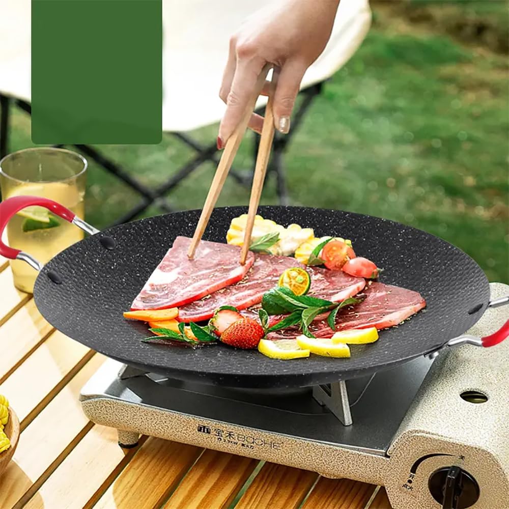 MOUMOUTEN Portable BBQ Grill Pan, 8 in 1 Korean BBQ Grill Indoor Cast Iron Griddle Pan Dual Handles Skillets, Korean Round Stove Top Grill Pan, Fire Pit Accessories(Non Electric)(38CM)