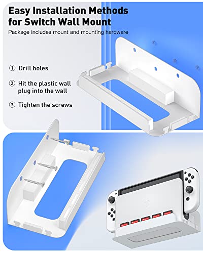 ZAONOOL Wall Mount for Nintendo Switch and Switch OLED, Metal Wall Mount Kit Shelf Stand Accessories with 5 Game Card Holders and 4 Joy Con Hanger, Safely Store Switch Console Near or Behind TV, White