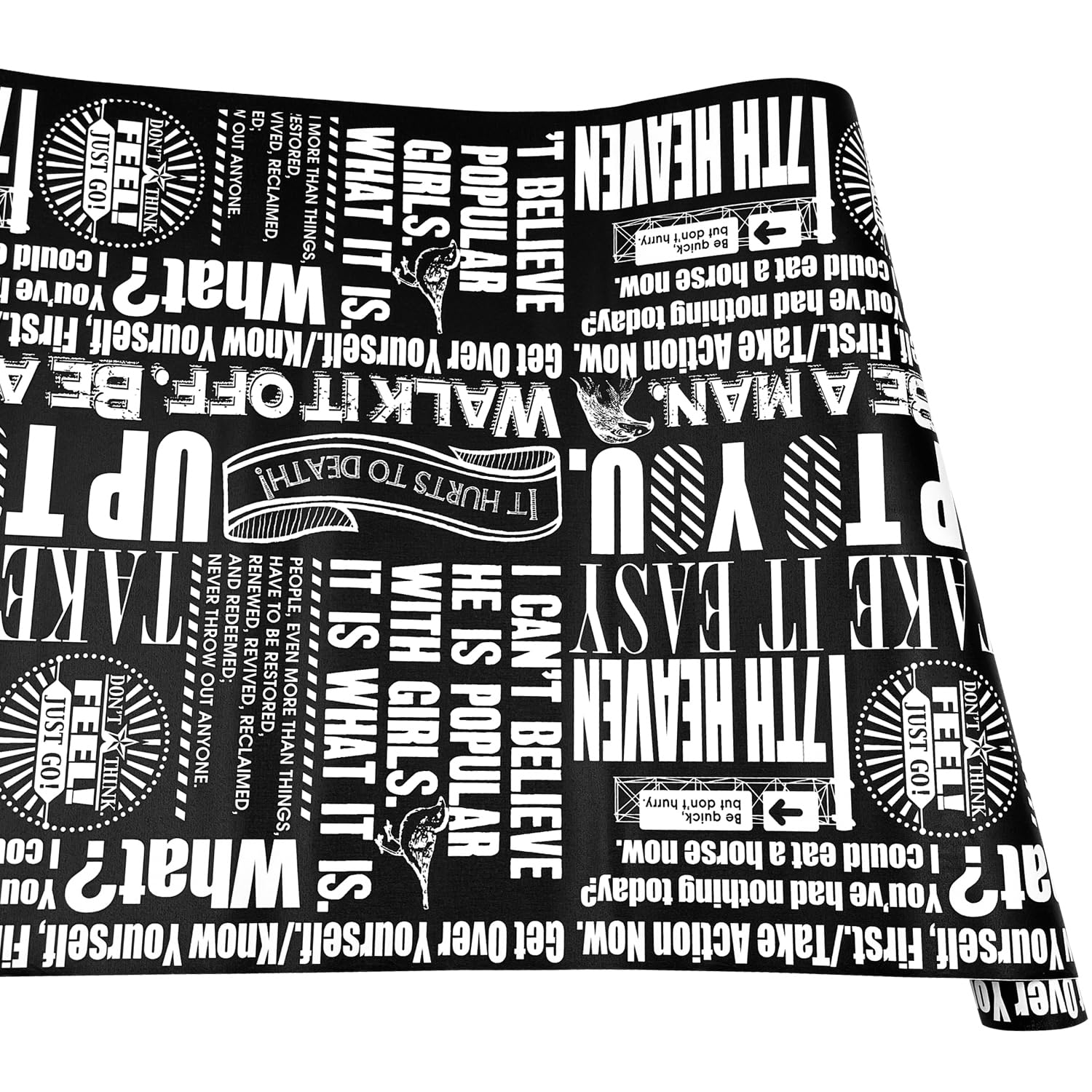LovingWay 14.7 feet Wallpaper Roll Retro Newspaper Shelf Liner 17.7x177 Inch White Text Office File Cabinets Lining Black Paper Christmas Wall Decor