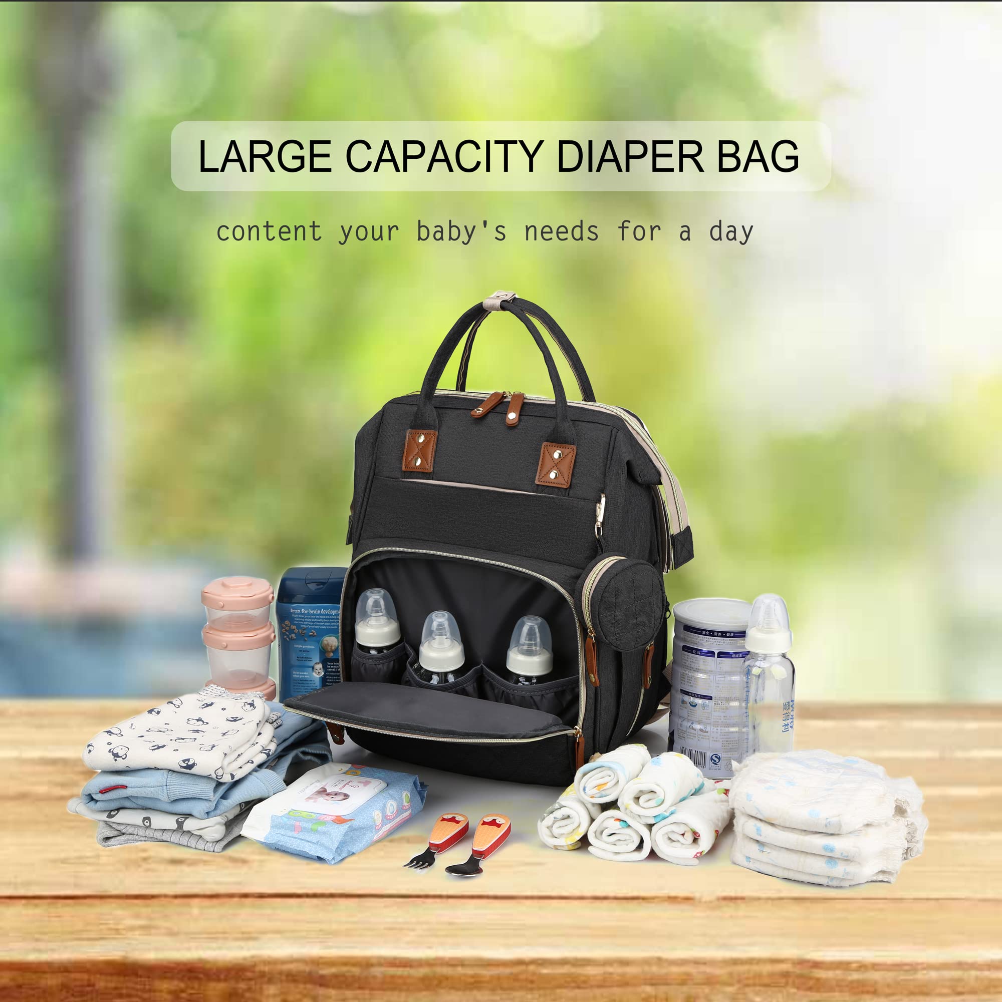 SALIFA Diaper Bag Backpack with Changing Station, 3 in 1 Baby Diaper Backpack with Foldable Changing Pad, Large Waterproof Travel Back Pack for Moms Dads, Black