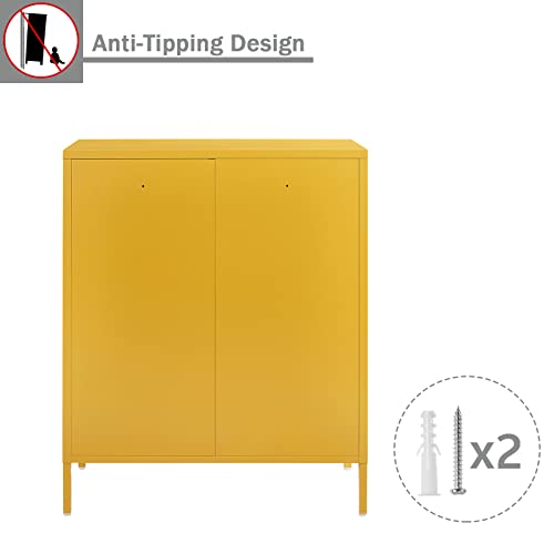 SPACEROCK Storage Cabinet Kitchen Buffet Pantry 40β Stylish Metal Pantry Cabinet with 2 Mesh Doors, Suitable for Office, Dining Room, Living Room, Yellow