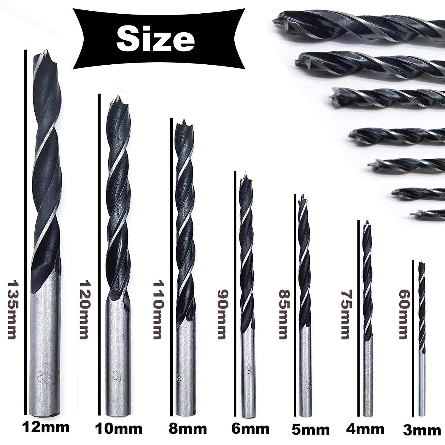 QISF 16Pcs Brad Point Wood Drill Bit 3/4/5/6/8/10/12mm Wood Working Drill with 3-12MM Center Point and Stopper Perfect for Woodworking Carpentry Drilling