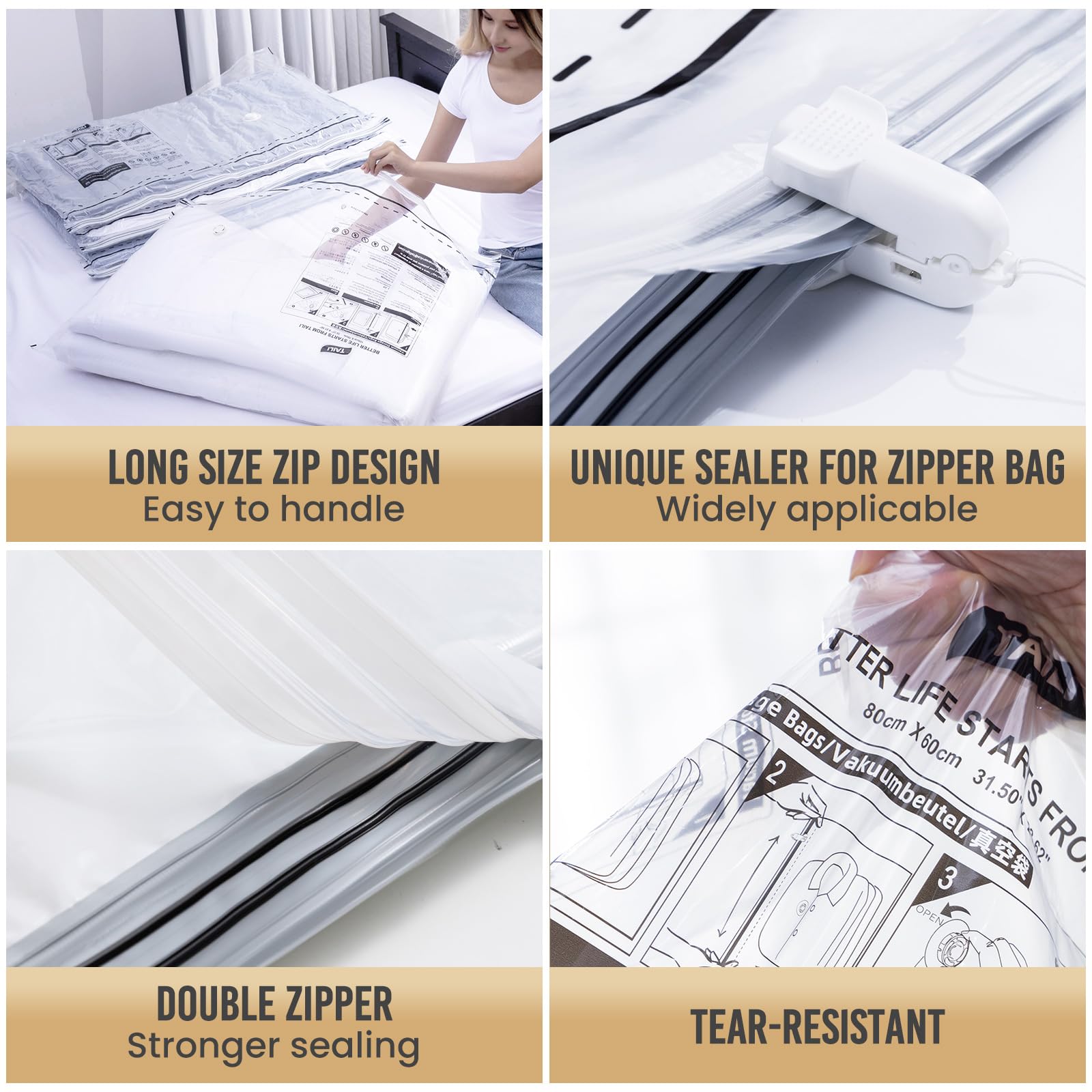 TAILI Long Side Zip - 8 Extra Large Vacuum Storage Bags for Bedding for Towels, Blankets, Pillows or Clothes-Space Saver Vacuum Seal Bags for Clothing Ideal Under Bed Storage Solution