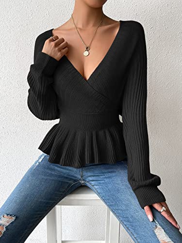 SweatyRocks Women's Deep V Neck Rib Knit Wrap Top Long Sleeve Ruffle Hem Peplum Sweater Black M