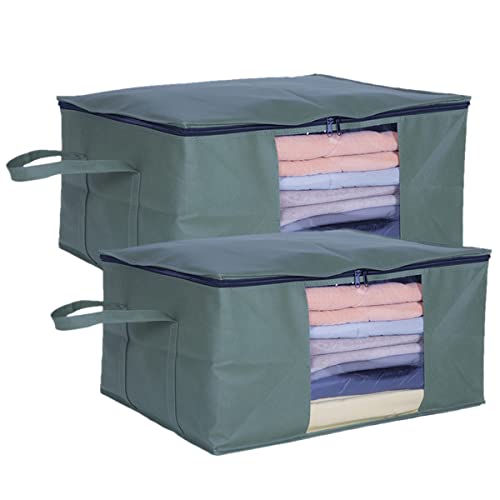 Wismart Large Capacity Zippered Clothes Storage Bags with Plastic Clear Window and Durable Handles Great for seasonal storage, Bedding, Blankets ,Foldable with Sturdy Zipper, 2 Pack, Green (Large, Green-2Pack)
