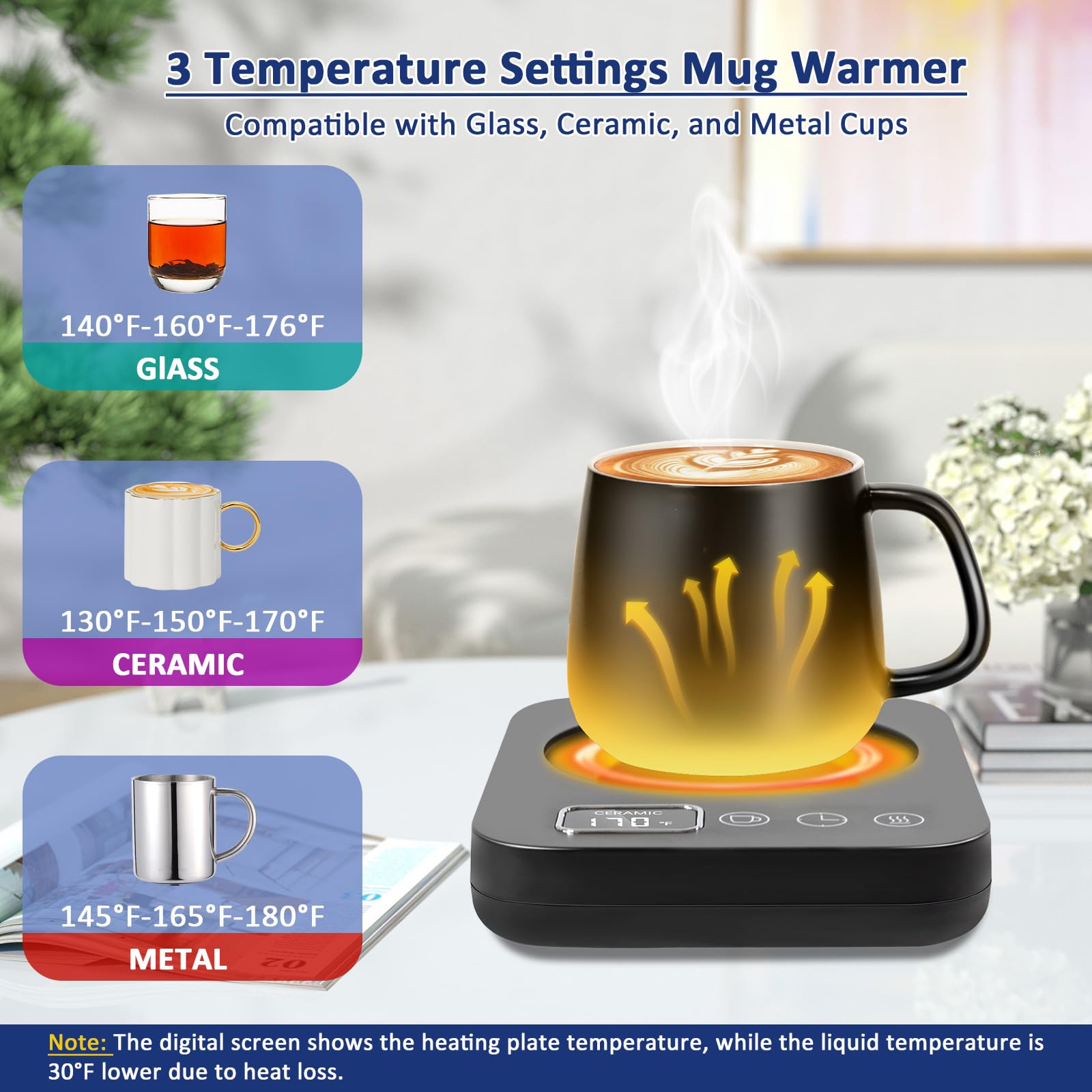 Smart Coffee Mug Warmer - 30W Coffee Cup Warmer for Desk with Temp Display & 2-12H Timer, Auto Shut Off & Gravity Sensor Coffee Cup Warmer with 3 Temp Settings for Coffee Beverage Milk Tea (No Cup)