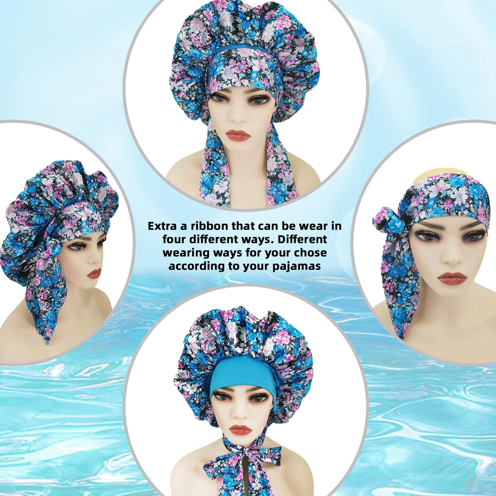 Silk Satin Bonnet, Large Double Layer Wide Elastic Band Sleeping Cap, Satin Hair Bonnet for Sleeping, Hair Bonnets for Curly Hair Sleeping, Night Sleeping Head Cover, Shower Cap (Blue)