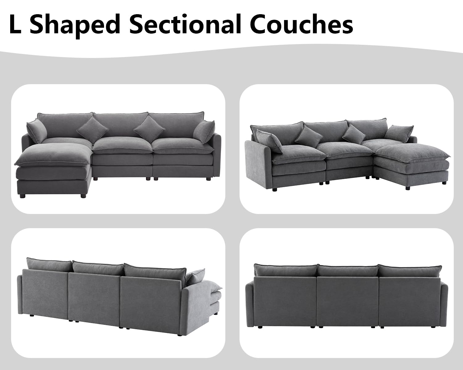 Suheww Grey L Shaped Sectional Sofa, 3 Seat Convertible Sectional Sofa Couch with Movable Ottoman, Modern Chenille Fabric L Shaped Sectional Couches for Living Room Apartment Office RV