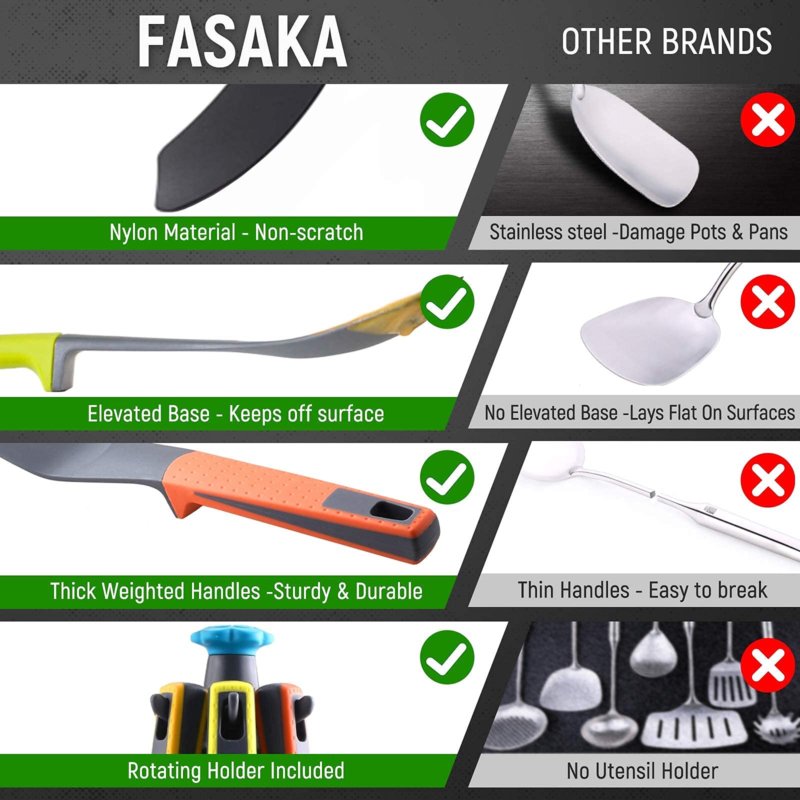 Kitchen Gadgets, Kitchen Utensils Set, Cooking Utensils Set- FASAKA 7Pcs Kitchen Utensils-Utensil Holder, Nylon Cooking Utensils with Rotating Kitchen Utensil Holder,Non-Stick Heat Resistant BPA Free