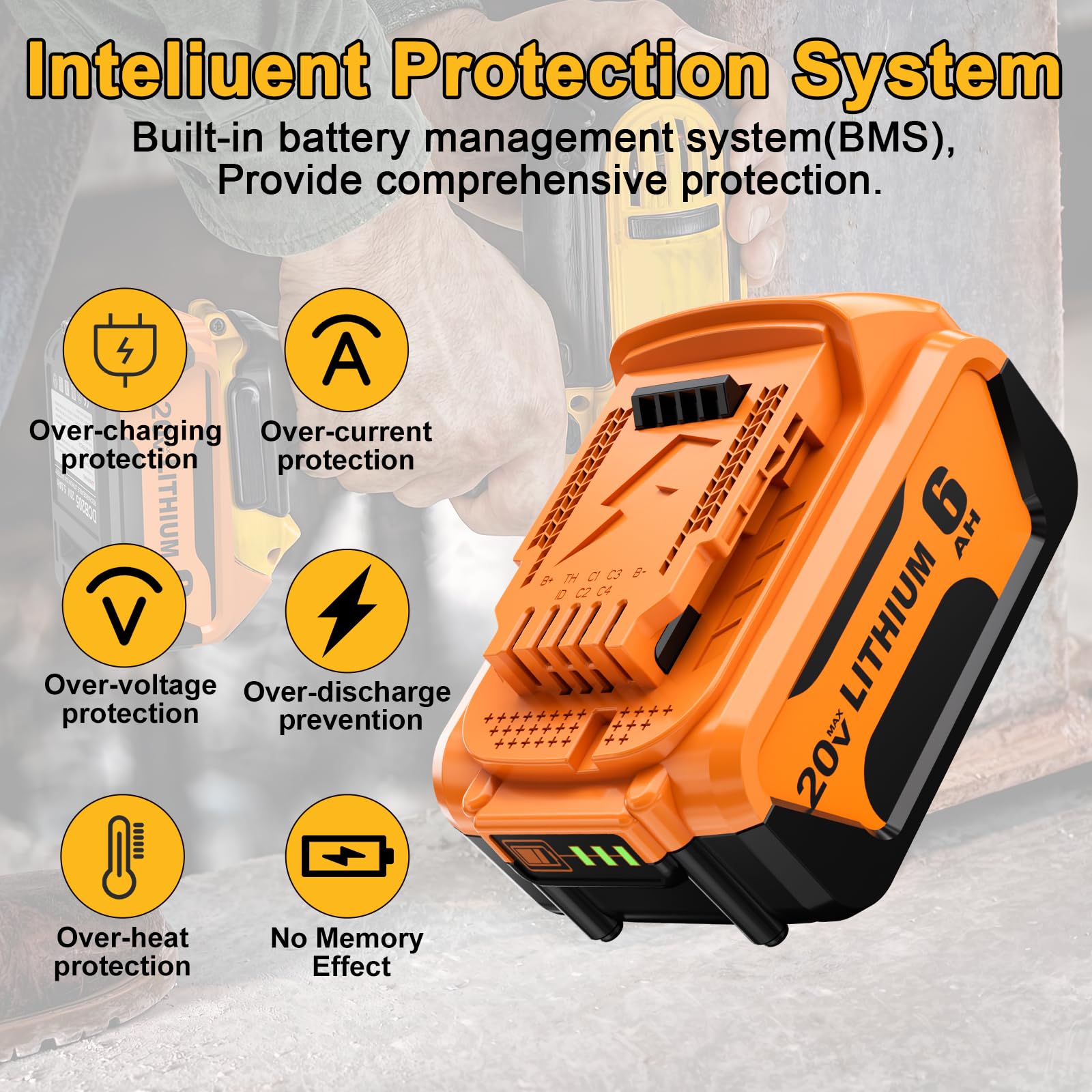 Upgraded 4 Packs 6.0Ah Replacement for Dewalt 20V Max Battery 6000mAh Compatible with Dewalt 20 Volt XR Lithium-ion Batteries DCB205 DCB206 DCB207 DCB204 DCB201 DCB200 DCD/DCF/DCG Series Power Tool