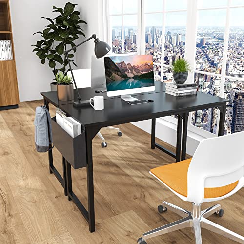 Sweetcrispy Computer Desk 47 Inch Home Office Desk Writing Desk Sturdy Gaming Desk Table Workstation, Work Desk with Storage Bag, Headphone Hook & Metal Frame, Black