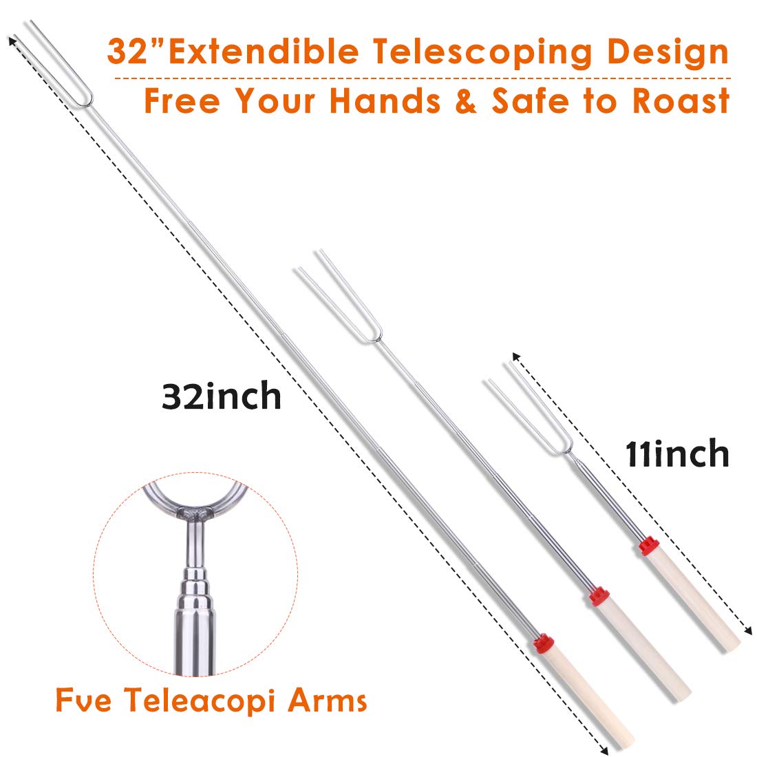 Marshmallow Roasting Sticks, Smores Skewers for Fire Pit, with Wooden Handle, Stainless Steel Telescoping Roasting Sticks, 32β Extendable Smores Sticks for Fire Pit, Campfire and Sausage BBQ Set of 6