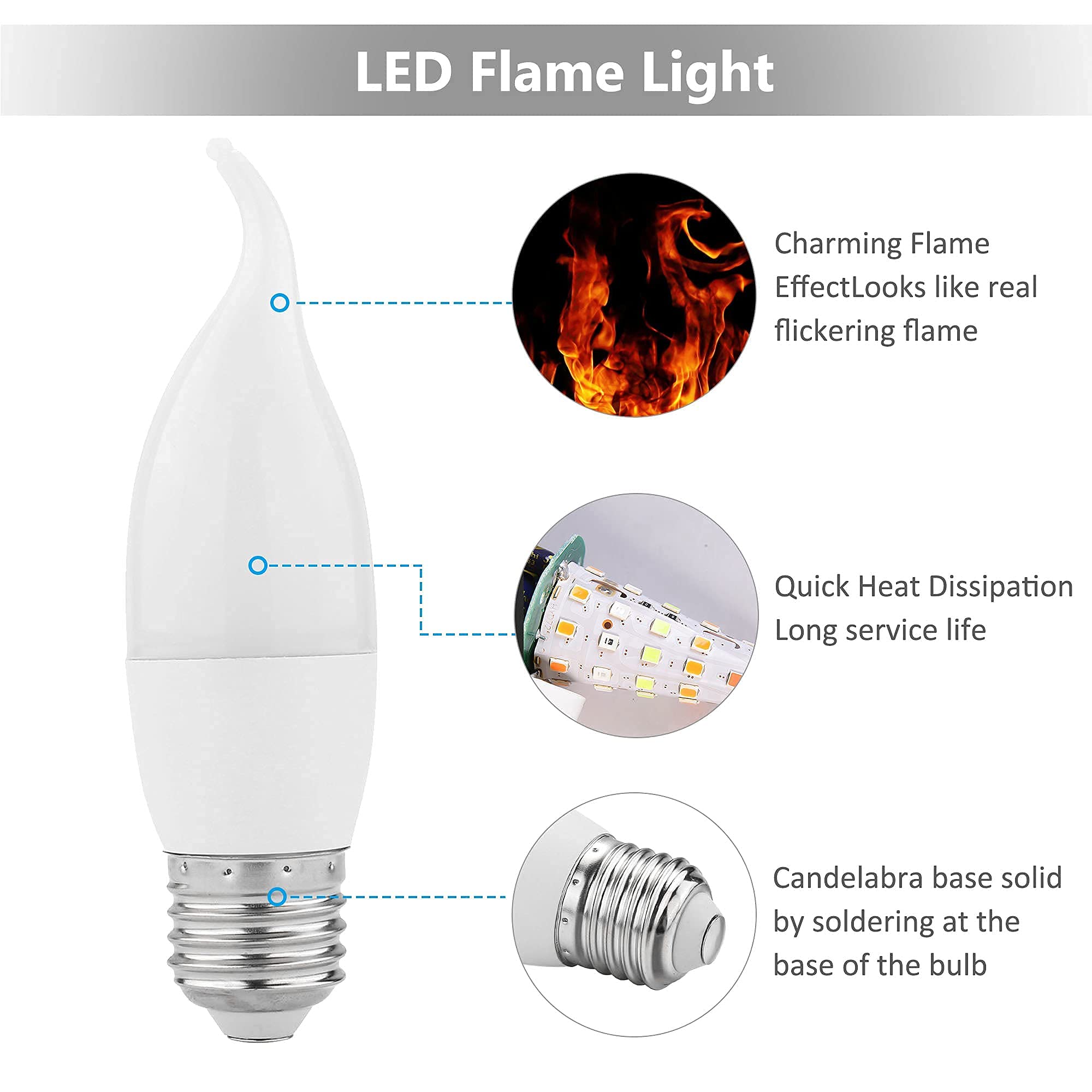 Kitmose 6 Pack LED Flame Effect Light Bulbs,3 Modes LED Candelabra Flickering Flame Light Bulb E26/E27,5W Candle Flame Tip Chandelier fire Light Bulb for Halloween Christmas Party Decor