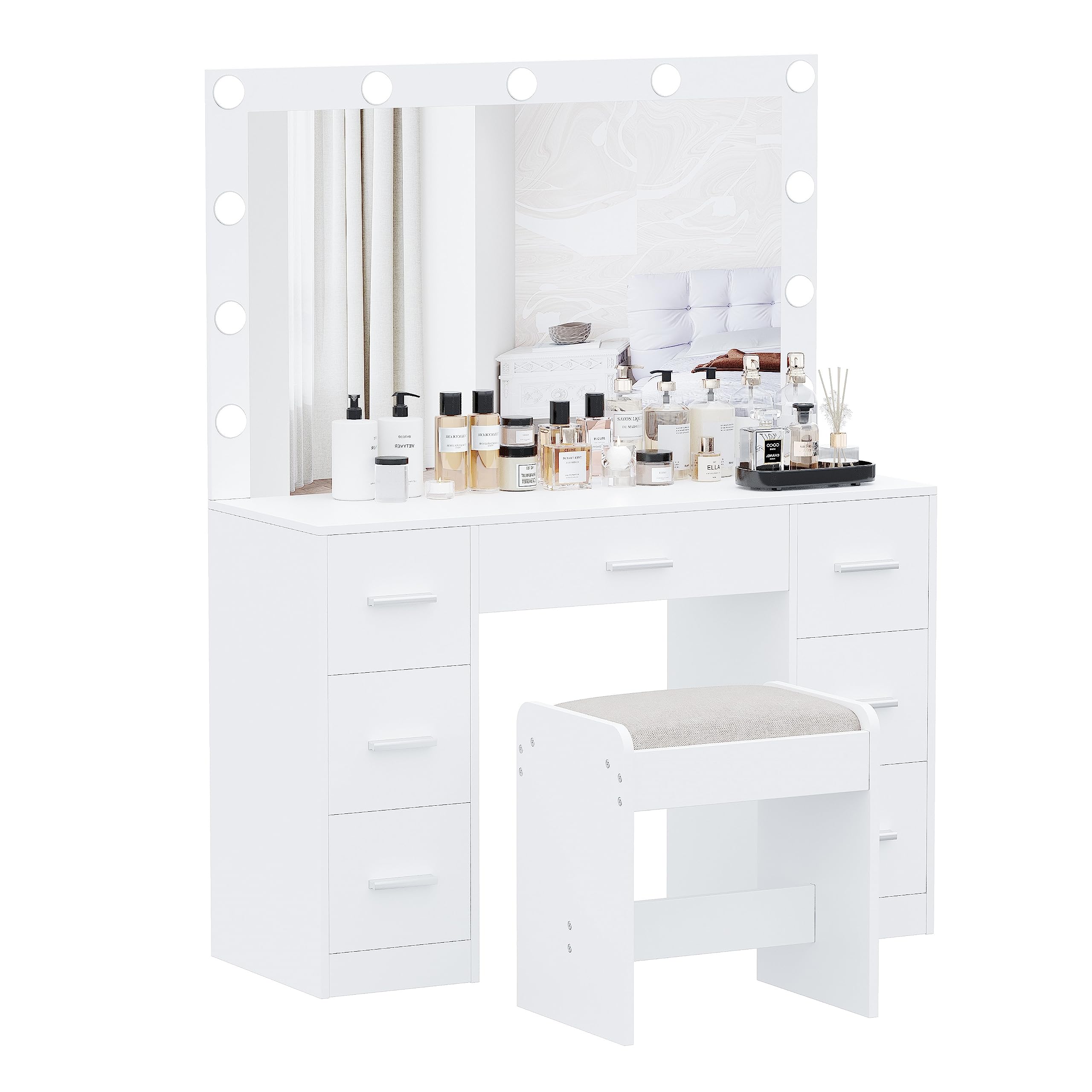Irontar Vanity Desk with Stool, Makeup Table with Lighted Mirror, 3 Color Lighting Modes, Brightness Adjustable, Dressing Table with Drawers, Vanity Table Set for Women, White WDT004WD