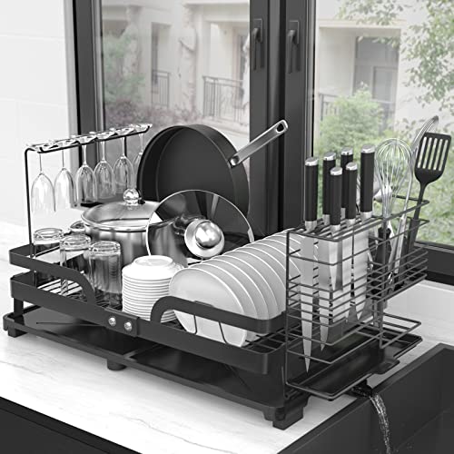 Kitsure Dish Drying Rack, Rustproof Dish Rack with Large Capacity for Dishes, Pans, Glasses & Cutlery, Foldable & Compact Dish Drainer with Easy Installation & Adjustable Water Outlet