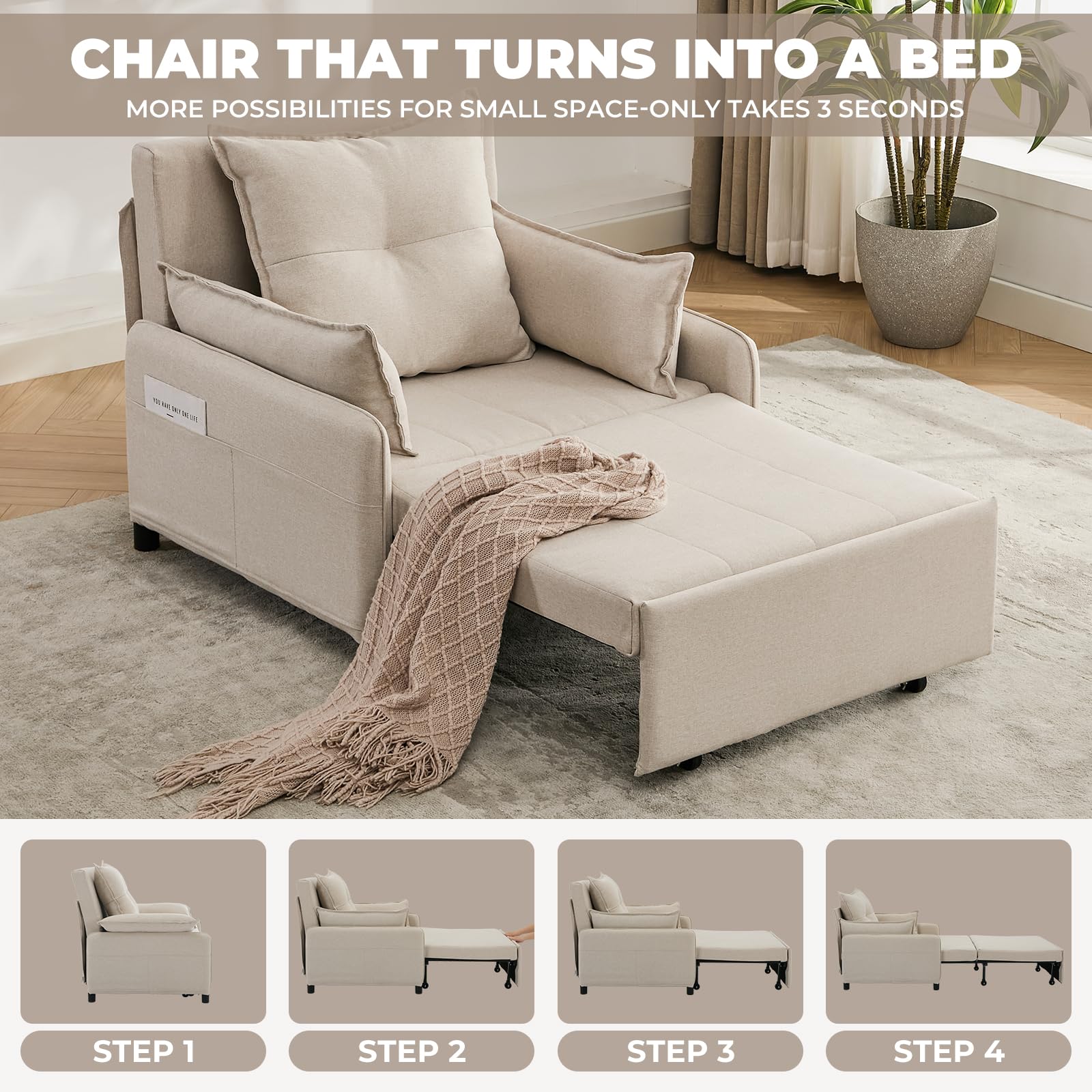 SUKIDA Convertible Sofa Bed, 3 in 1 Multi-Functional Sleeper Couch Chaise Bed, Linen Couch Chair with Pullout Bed, Comfy Padded Back Small Couch for Living Room Apartment Office