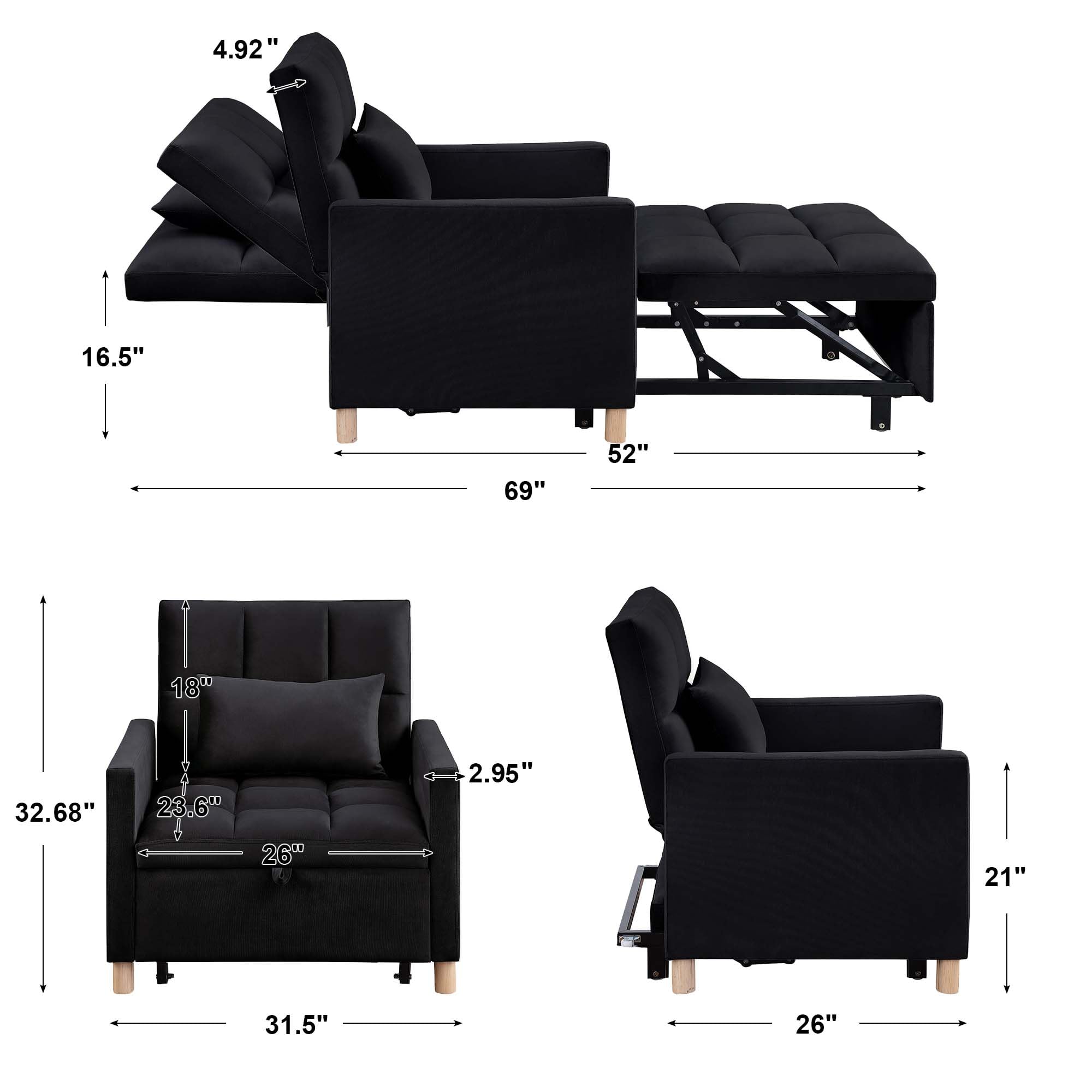 SumKea Sofa Chair Pull-Out Bed with Adjustable Backrest, 3 in 1 Convertible Multi-Function Folding Ottoman Couch with Pillow for Living Room Apartment Small Space, Black