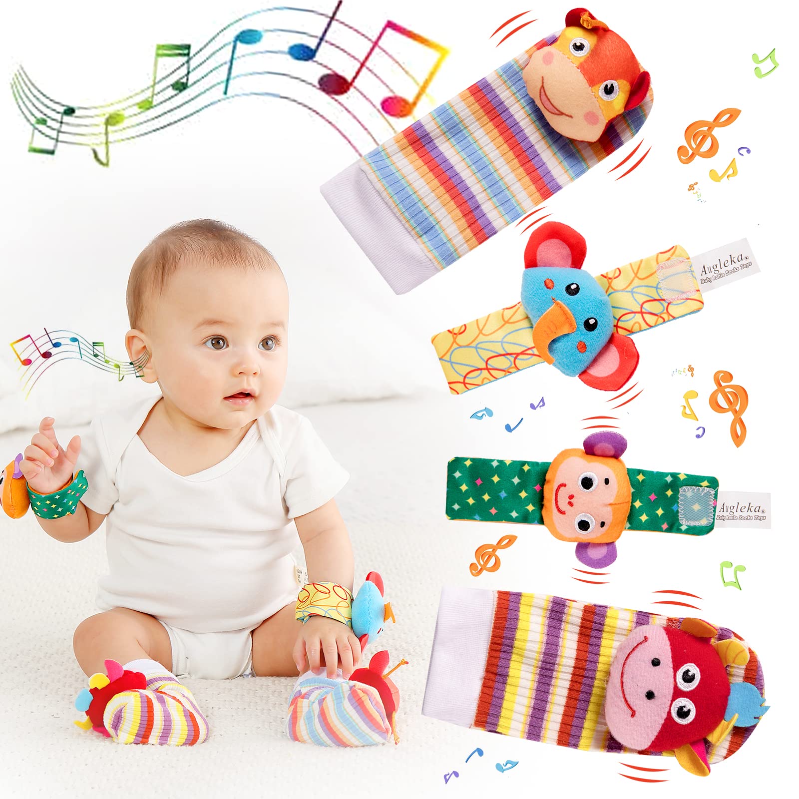 Rattle Sock Baby Toddlor Toy, Infant Toys 0-3 Months Rattle Toy Baby Toys 0-6 Months, 3 Month Old Development Toys, for Newborn Infant Baby Boy Girl Gifts, Baby Easter Basket Stuffers (4 PCS) (Animal)