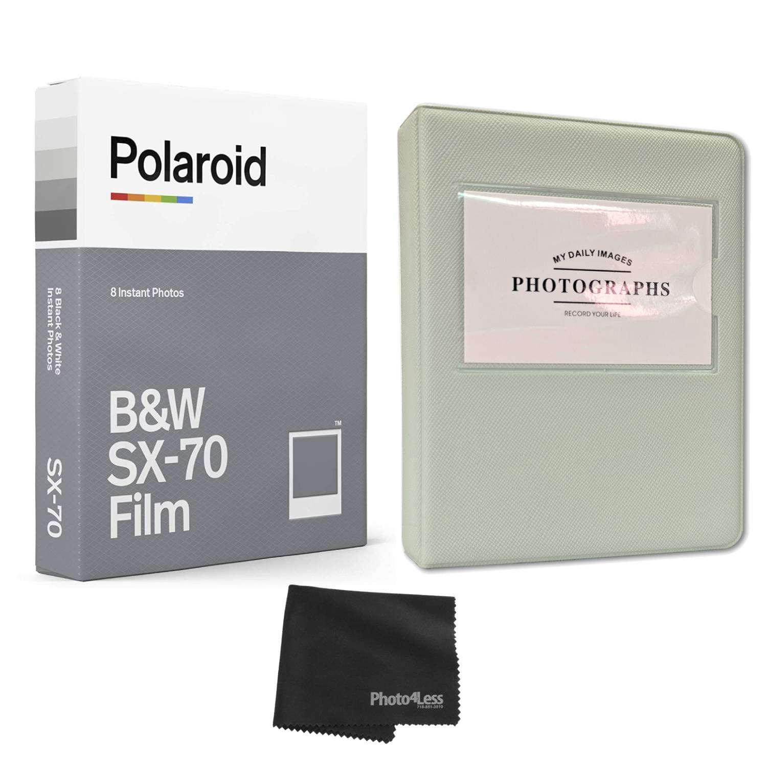 Polaroid Black & White Film for SX-70, 8 Sheets + Leather 5" Photo Album, Holds 32 Prints- Grey + Photo4less Lens Cloth