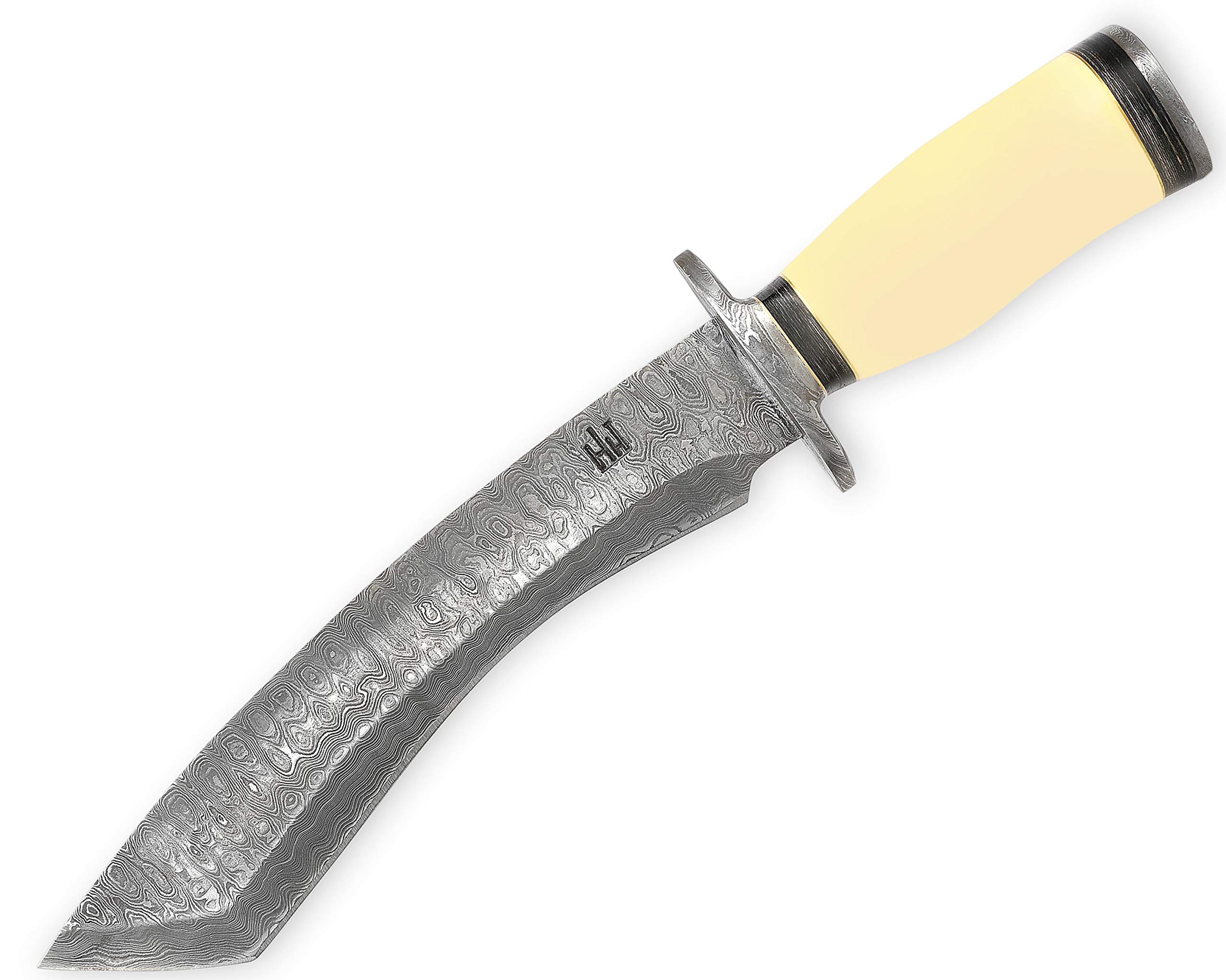Hobby Hut HH-201, Custom Handmade 14 inch Damascus Steel Hunting Knife - Tantoo Blade - Camel Bone Handle - Leather Sheath
