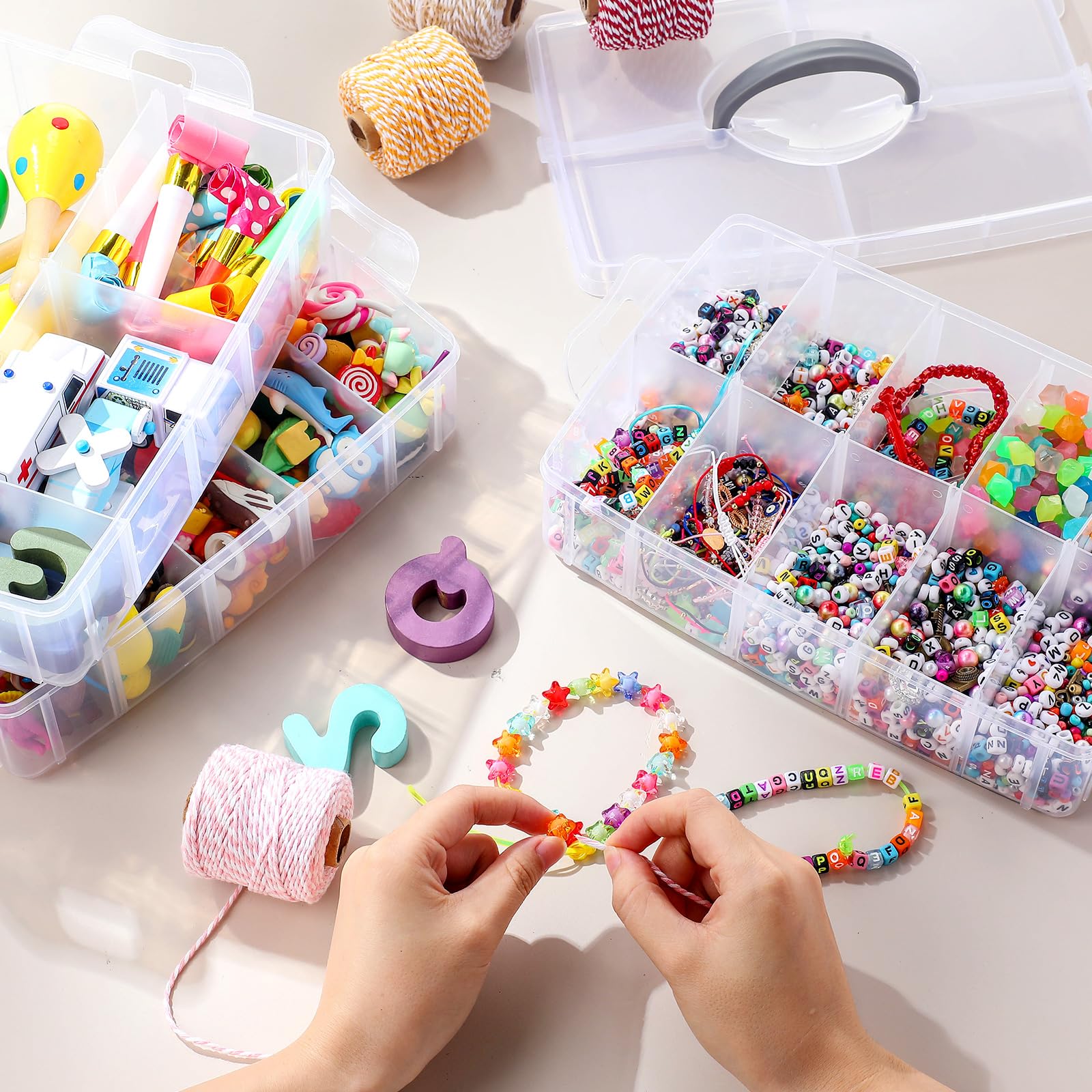 Teenyyou 4 Pcs 3 Tier Stackable Craft Organizers and Storage Bead Organizers with 30 Adjustable Compartments Storage Box Jewelry Making Organizers and Storage for Arts, Jewelry, Dolls, Washi Tape