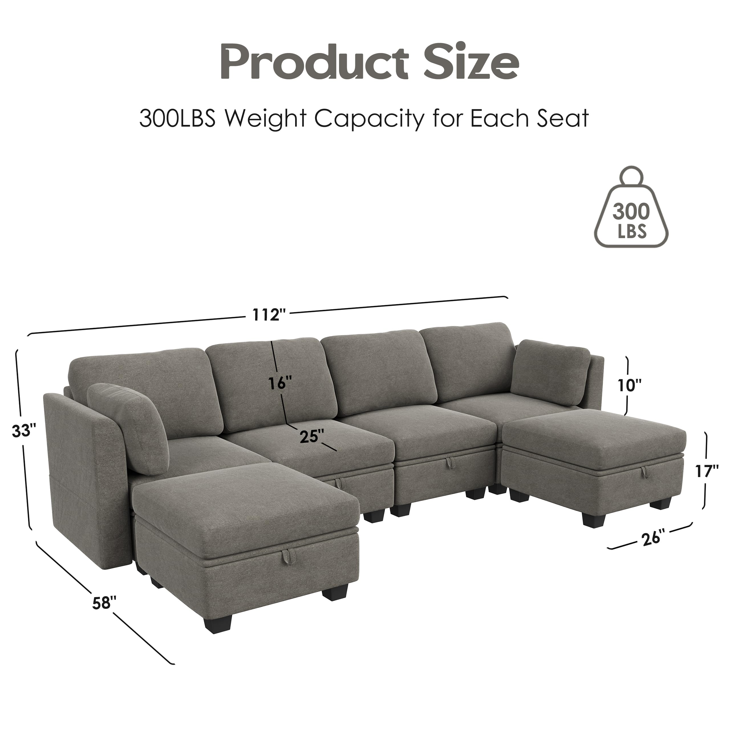 SOMEET Sectional Couch, Modular Sectional Sofa with Storage, U Shaped Sectional Couches for Living Room with Chaise, 6 Seats Convertible Sofa Bed Supportive with Adjustable Backrest 112", Blue Grey