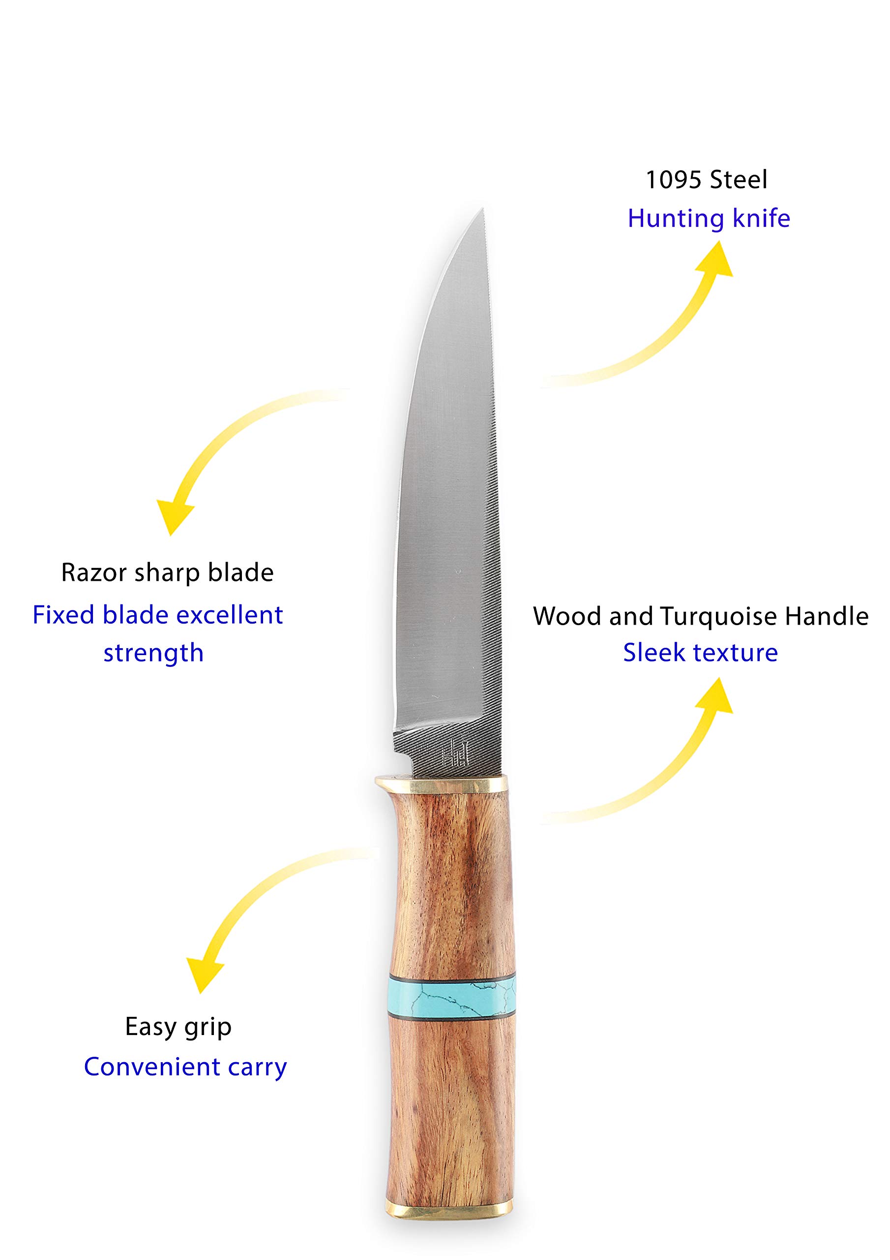 Hobby Hut HH-311, Custom Handmade 13 inches 1095 Steel Hunting Knife with Leather Sheath , Fixed Blade Survival Knife, Wood and Turquoise Handle, Designed for Hunting and Camping