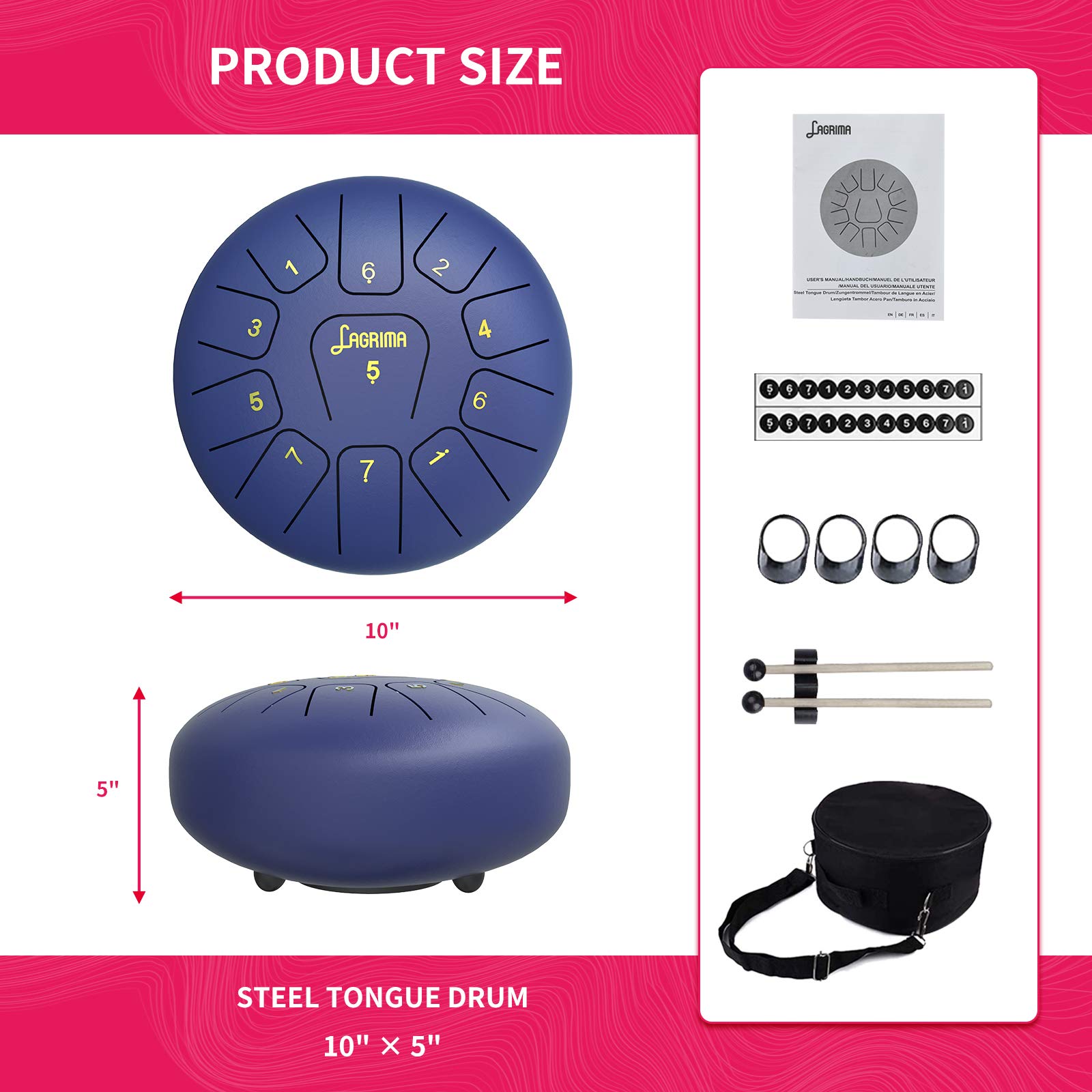 LAGRIMA Steel Tongue Drum, 11 Notes 10 Inches Percussion Instrument with Drum Mallets Note Stickers Finger Picks Mallet Bracket and Gig Bag, Dark Blue