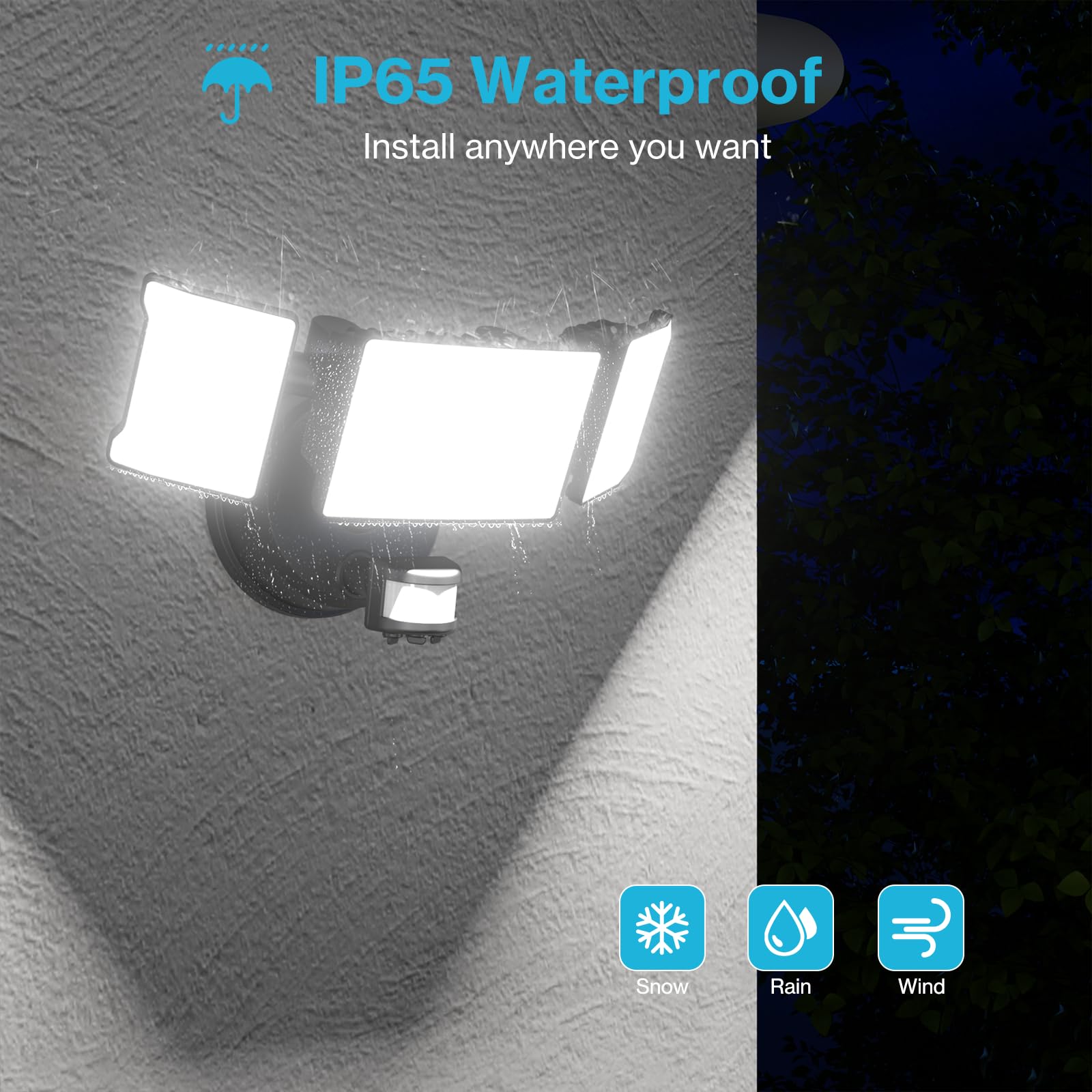 Olafus 65W Flood Light Outdoor Motion Sensor Light, LED Security Light IP65 Waterproof, 6000LM Motion Activated Light 3 Head Floodlight, 6500K Exterior Sensor Light for Garage Yard Porch Patio, Black