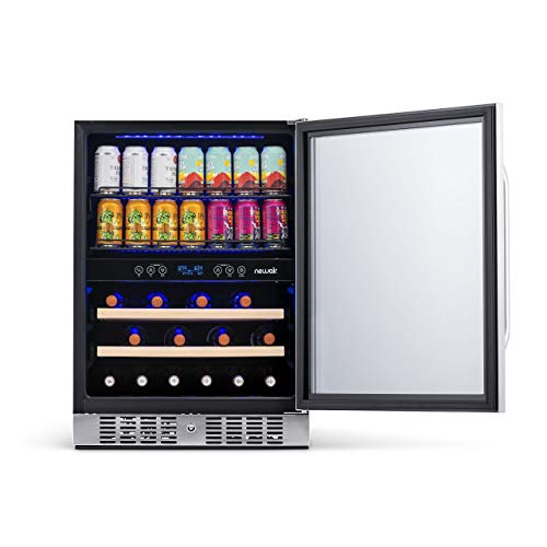 NewAir 24" Wine and Beverage Refrigerator Cooler, 20 Bottle and 70 Can Capacity, Built-in or Freestanding Dual Zone Fridge in Stainless Steel with Splitshelf