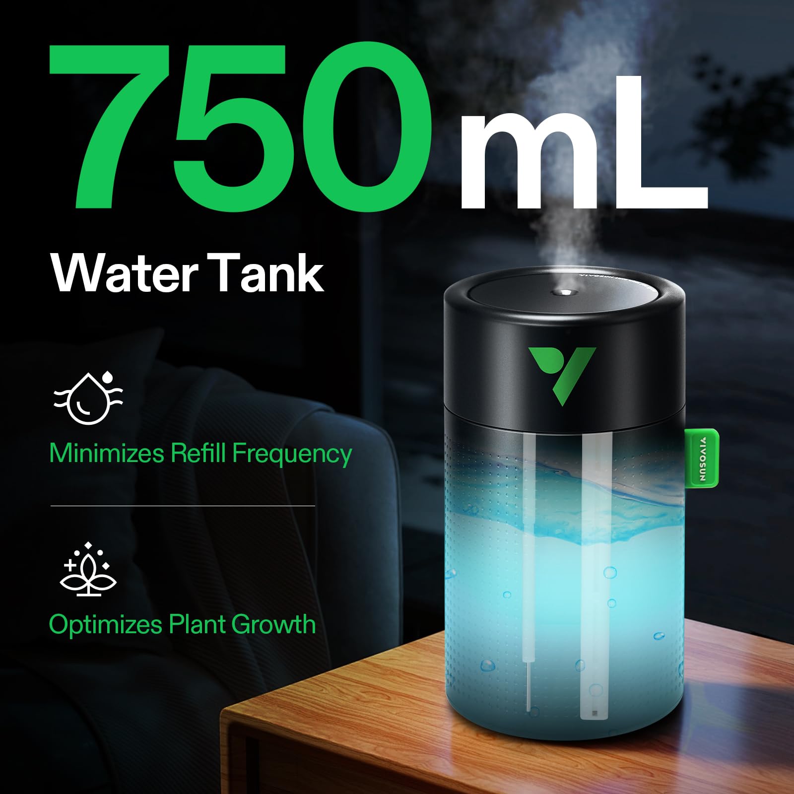 VIVOSUN AeroStream U075 USB Humidifier, 750ml Cool Mist Mini Humidifier with 2 Mist Modes, Auto Shut-Off, Smart Remote Control with VGrow, Designed for Grow Tents/VGrow