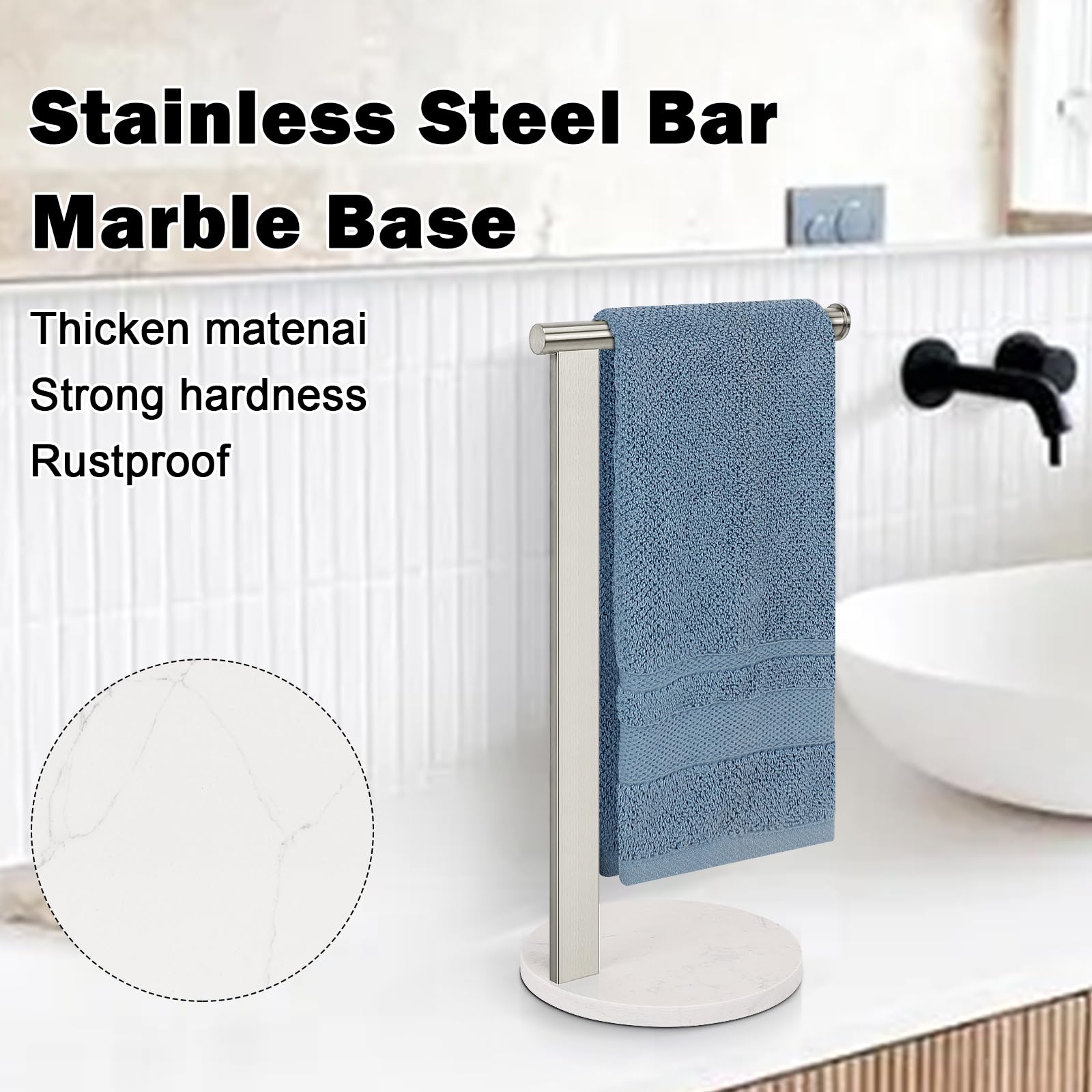 Winmien Stainless Steel L-Shaped Hand Towel Holder, SUS304 Bathroom Towel Rack with Thickened Base for Countertop Vanity (Brush Nickel)