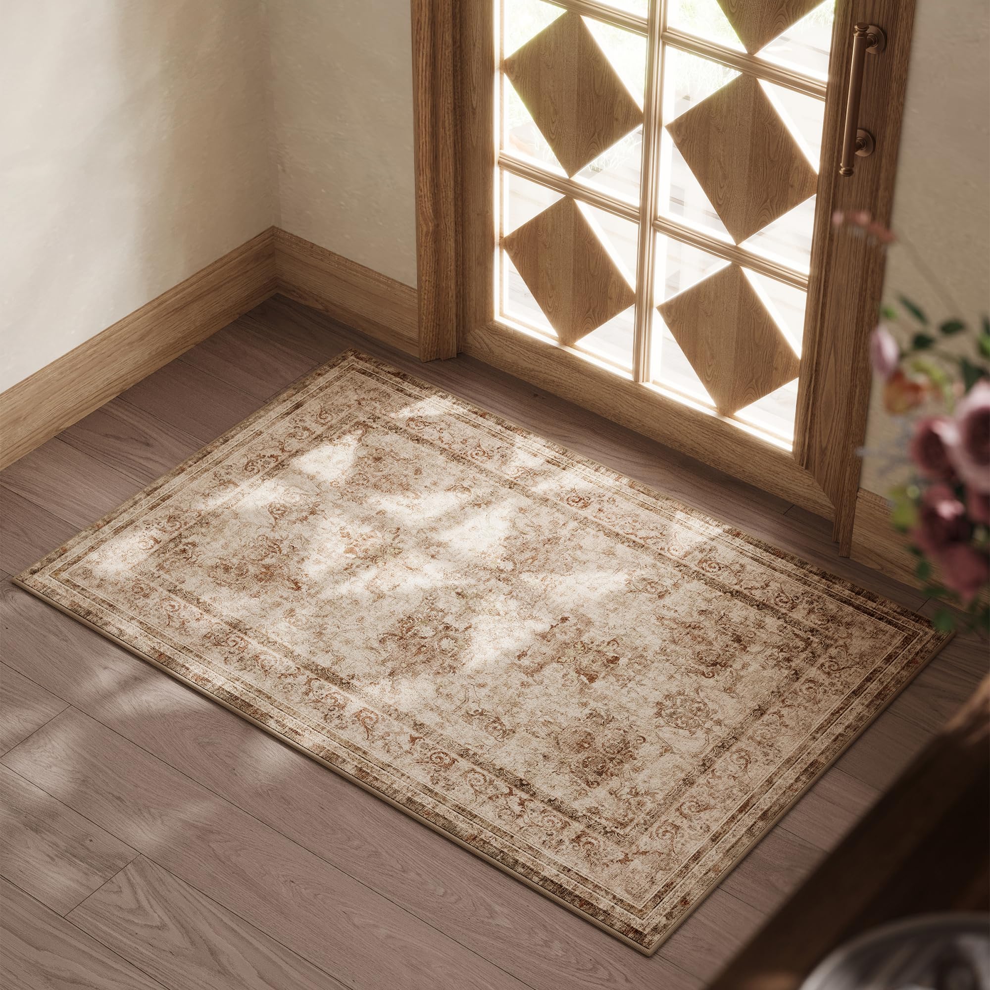 SONGMICS HOME Area Rug, 2x3 ft Living Room Rug, Non-Slip Carpet, Farmhouse Style Rug, Home Decor, for Bedroom, Kitchen, Entryway, Dining Room, Machine Washable, Cappuccino Beige UTAR081K01
