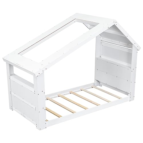 Twin House Bed Kids Floor Bed with Roof and Window, Solid Wood Montessori Bed with LED Light, Low Floor Twin Bed Frame for Kids Girls Boys, No Box Spring Needed (White)