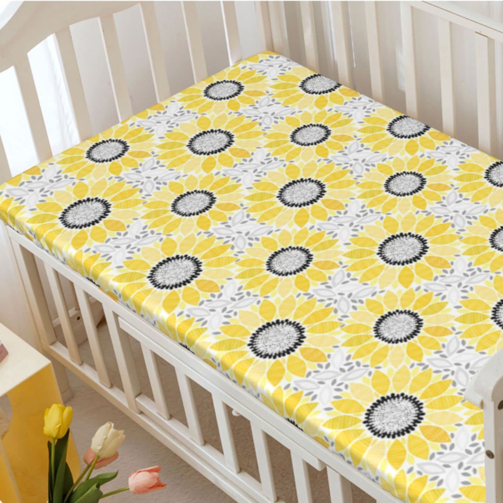 Sunflower Themed Fitted Mini Crib Sheets,Portable Mini Crib Sheets Soft Toddler Mattress Sheet Fitted-Baby Crib Sheets for Girl or Boy,24β x38β,Yellow Black Grey