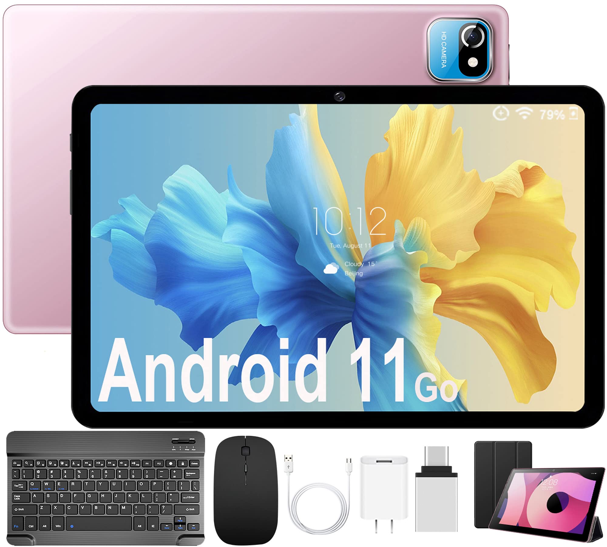 Tablet with Keyboard 10 Inch Android 11 Go - 64 GB ROM | 256GB Scalable - 10" IPS HD Display, 6000mAh Long Battery Life Tablets GMS Certified | 2MP+5MP Camera WiFi FM Bluetooth (Pink)