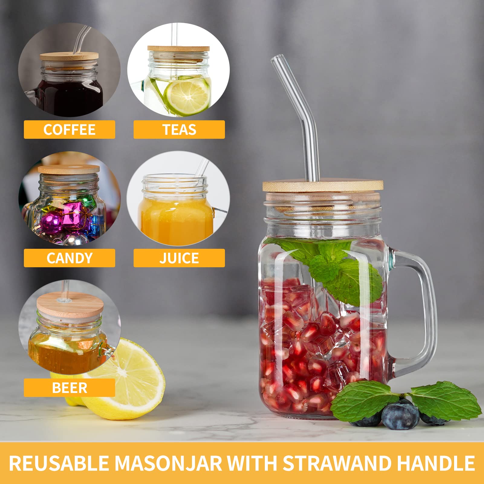 Mason Jars with Handle, Mason Jars Glass Cups with Bamboo Lid , Colorful Airtight Lids & Straws, 16 oz Reusable Boba Bottle, Iced Coffee Cup, Travel Tumbler for Bubble Tea, Smoothie, Juice - 4 Pack