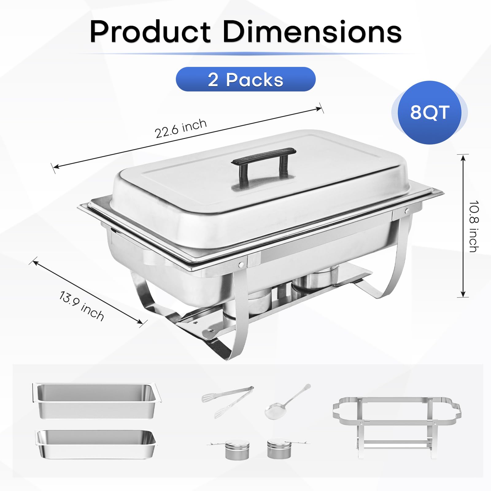 ROOMARK 2 Pack 8QT Chafing Dish Buffet Set Stainless Steel Chafer Rectangular Catering Warmer Set with Trays Pan Lid Folding Stand for Catering Party, Wedding, Birthday, Baby Shower, Outdoor Picnic