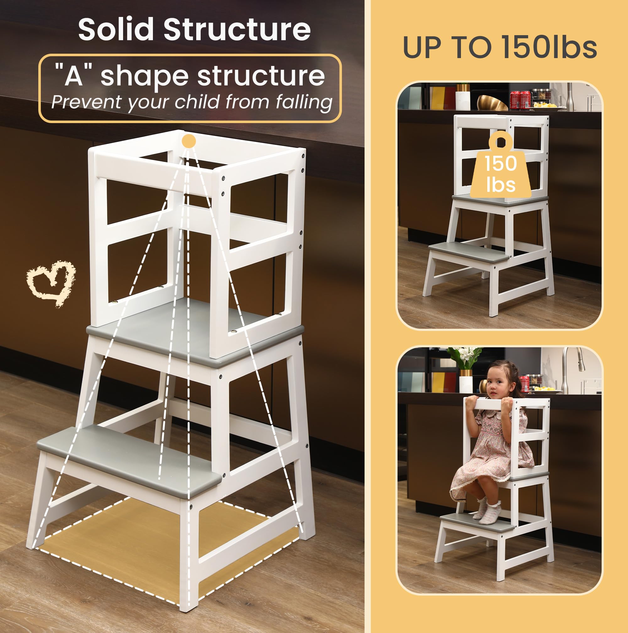 Saihony Standing Tower for Toddler, Kids Kitchen Step Stool Toddler Standing Tower Helper for Kitchen Counter and Bathroom Sink, Wooden Kids Montessori Learning Standing Stool with Safety Rail White